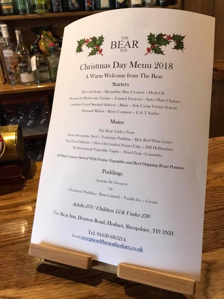 Menu at The Bear Inn Hodnet restaurant, Hodnet