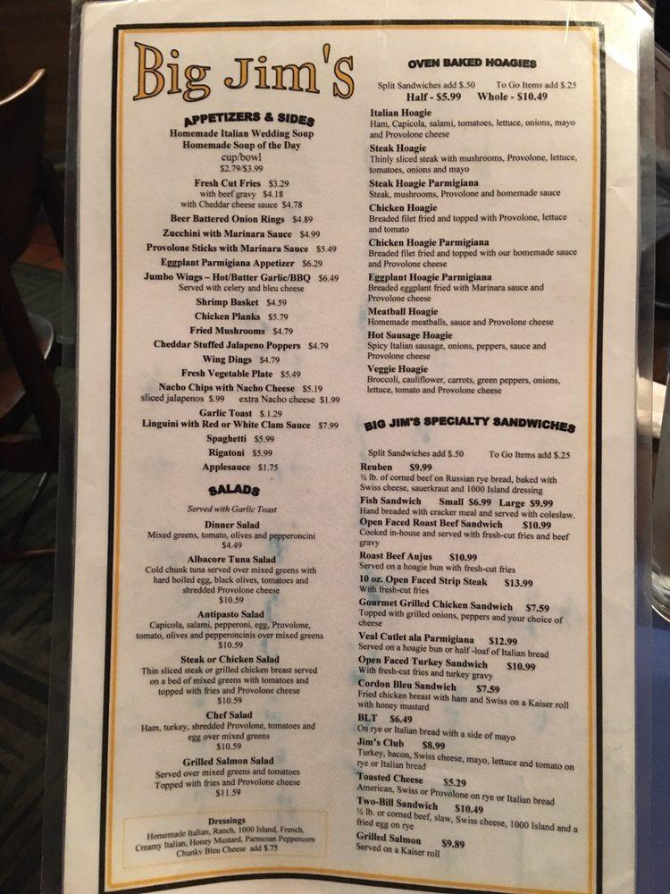 Menu at Big Jim's in the Run restaurant, Pittsburgh