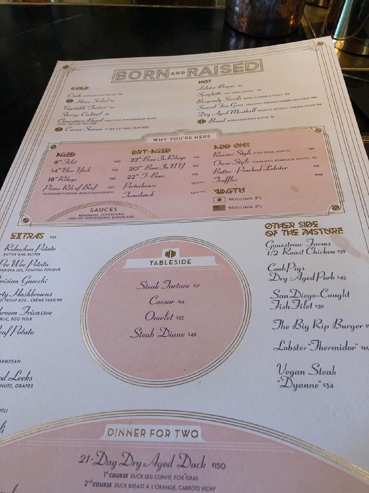 Menu at Born and Raised steakhouse, San Diego, India St