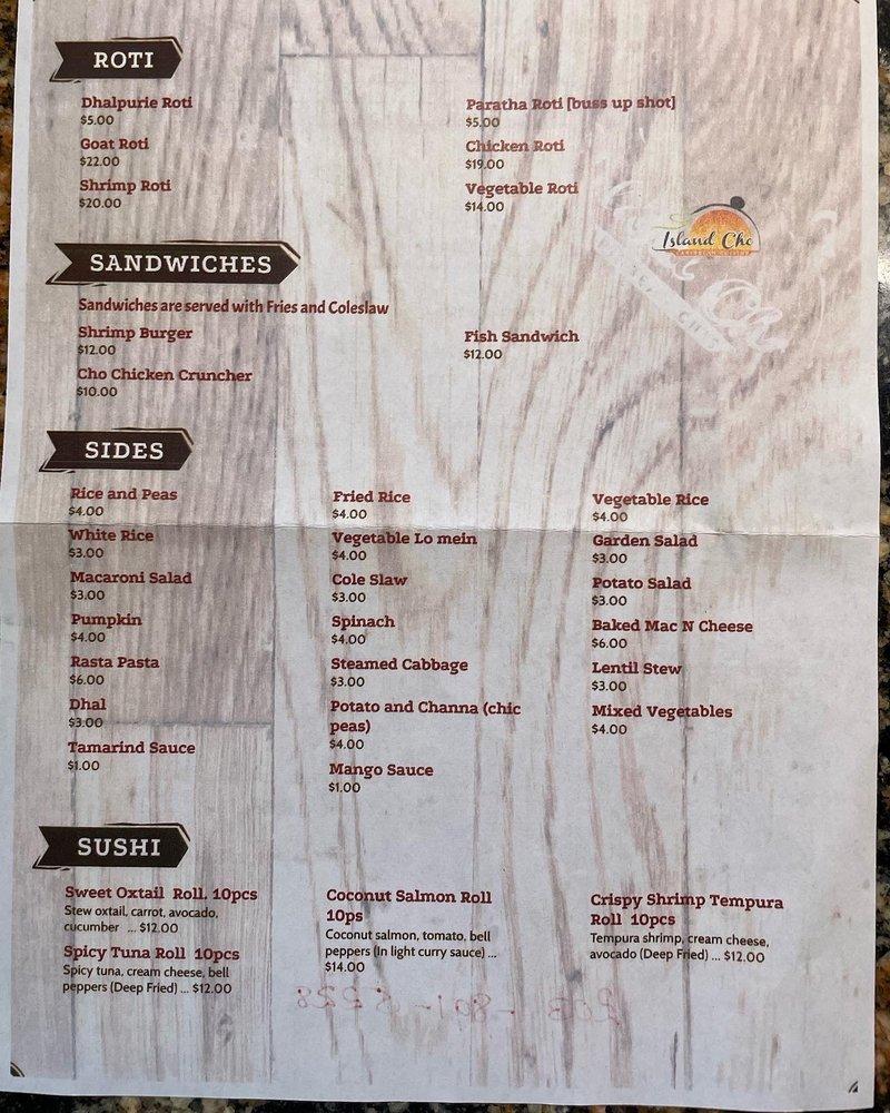 Menu at Island Cho Caribbean Cuisine restaurant, North Haven