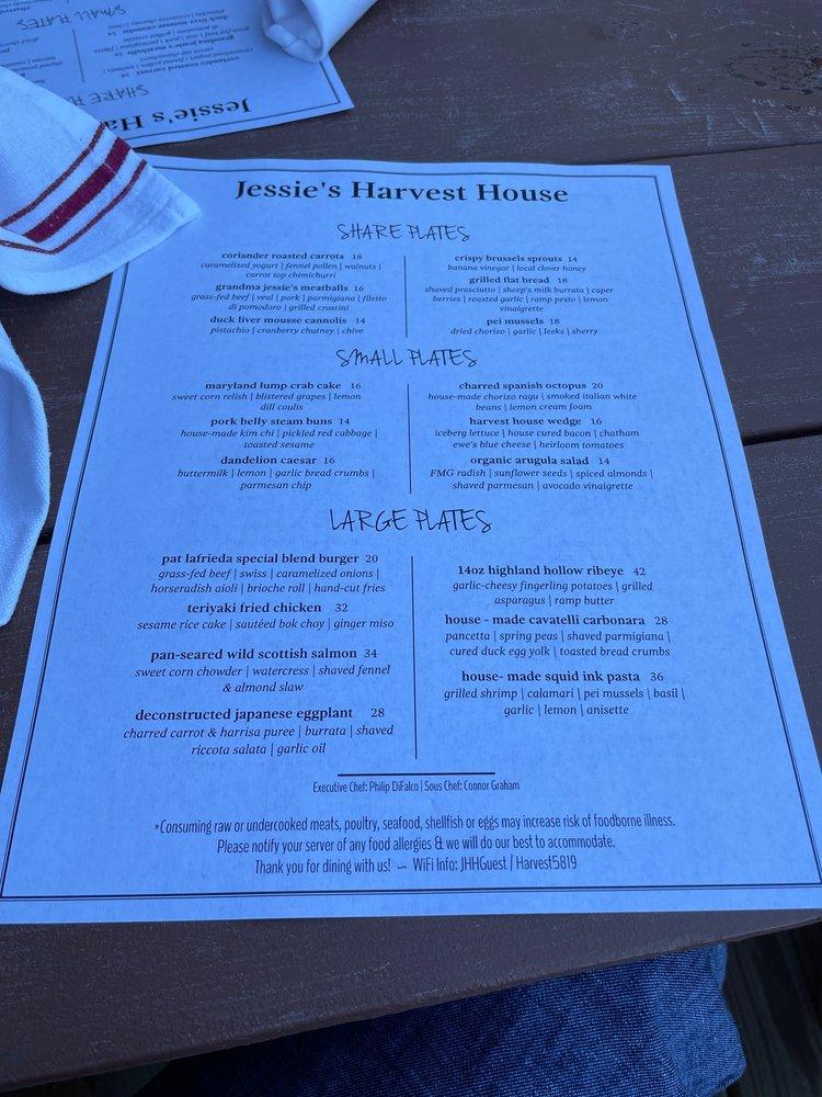 Menu at Jessie's Harvest House restaurant, Tannersville