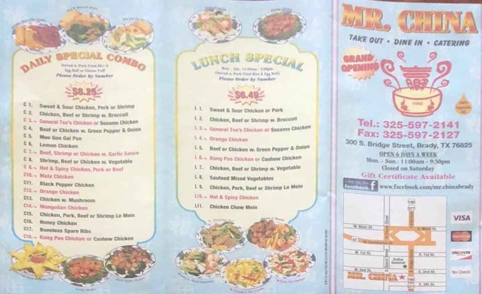 Menu at Mr. China restaurant, Brady