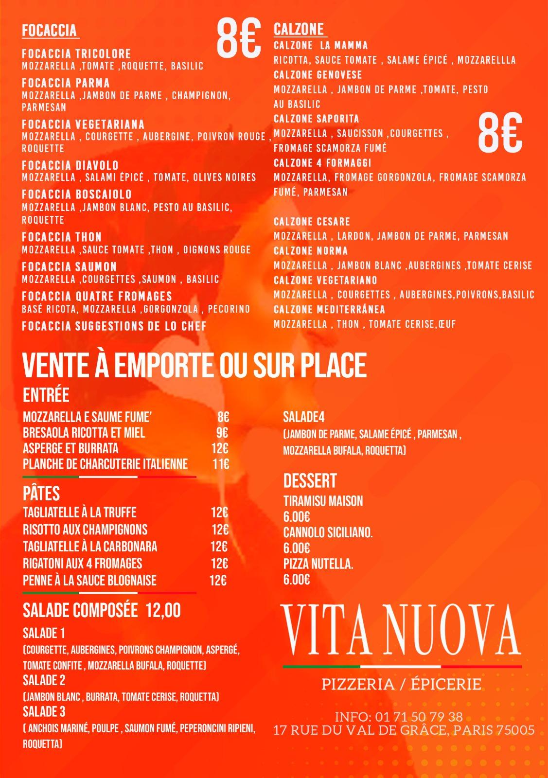 Menu at Pizzeria Vita Nuova, Paris