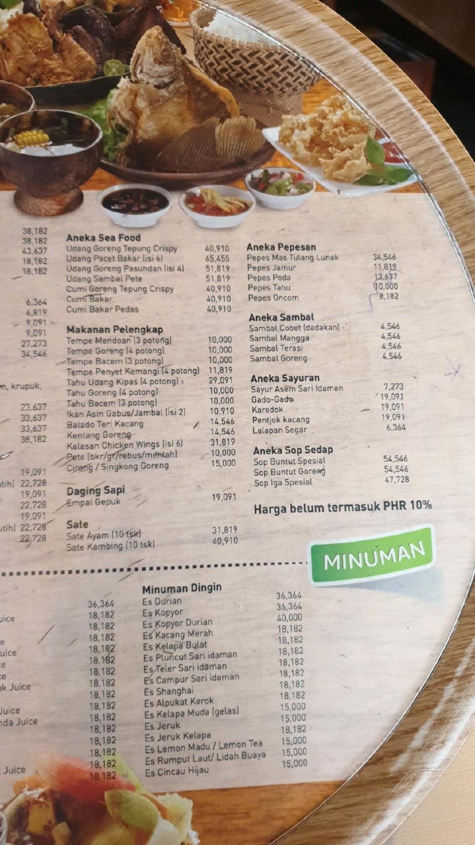 Menu at Sari Idaman restaurant, Jakarta