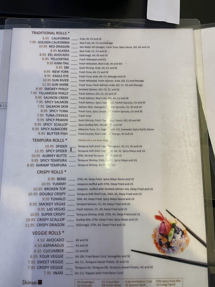 Menu at Shinsei Sushi restaurant, Bend