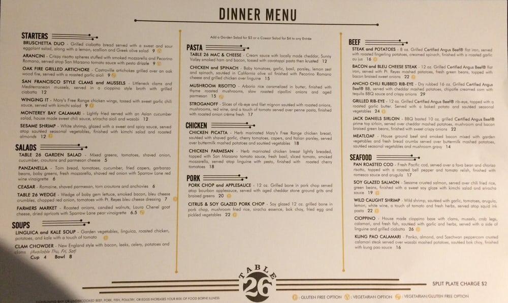 Menu at Table 26 steakhouse, Turlock