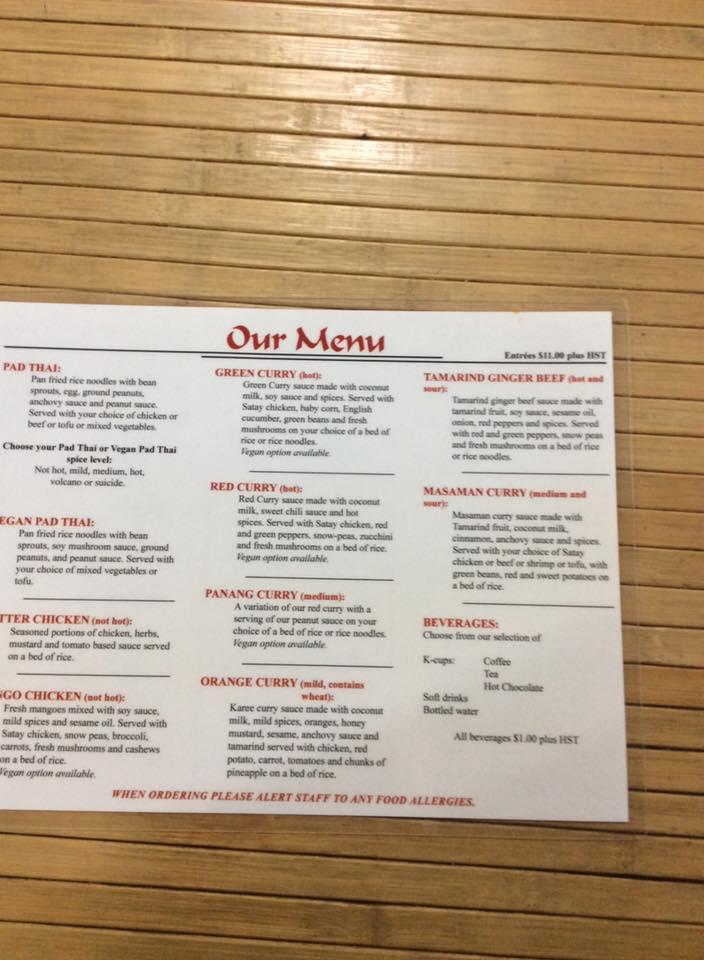 Menu at Thai Hut restaurant, Woodstock