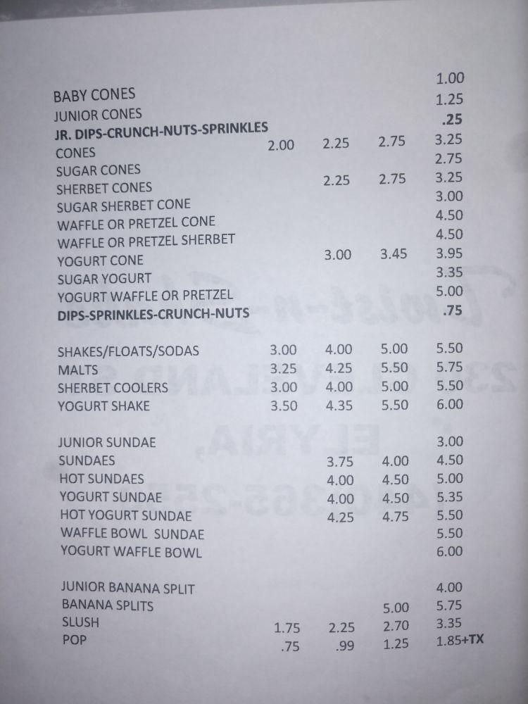 Menu at Twist-n-Shake restaurant, Elyria