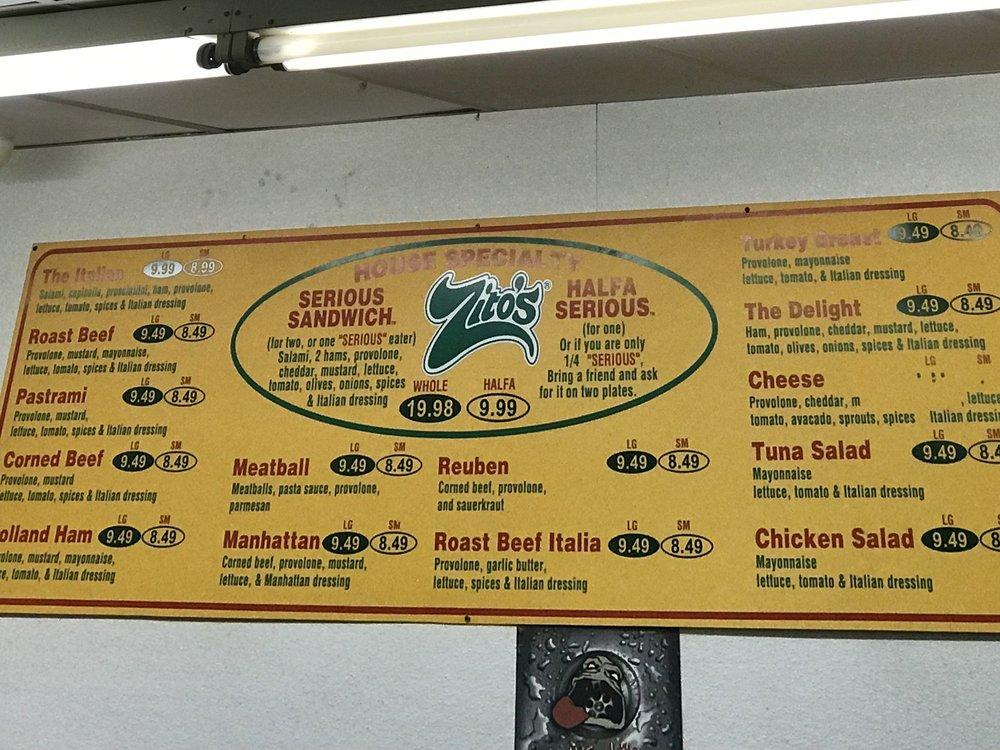 Menu at Zito's Deli restaurant, San Antonio, Babcock Rd