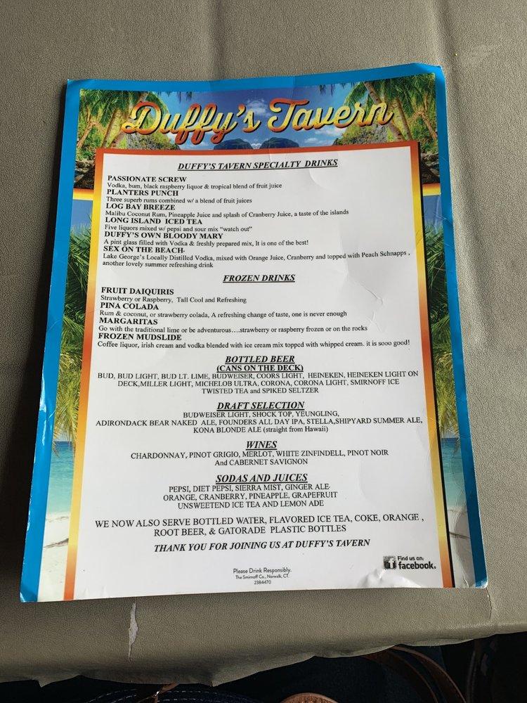 Menu at Duffy's Tavern pub & bar, Lake George, 20 Amherst St