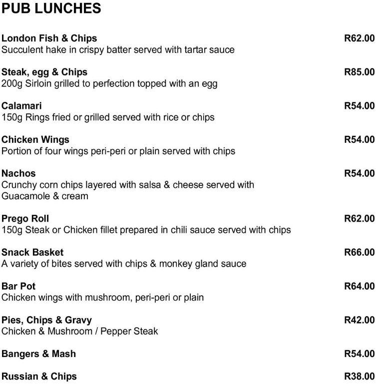 Menu at Fringe's Restaurant, Pretoria