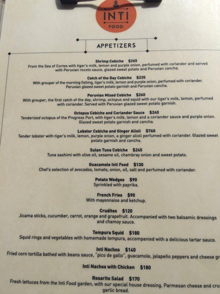 Menu at INTI Beach pub & bar, Playa del Carmen