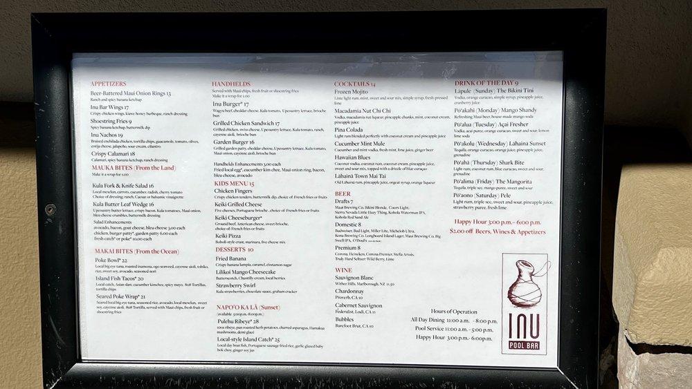 Menu at Inu Pool Bar, Lahaina