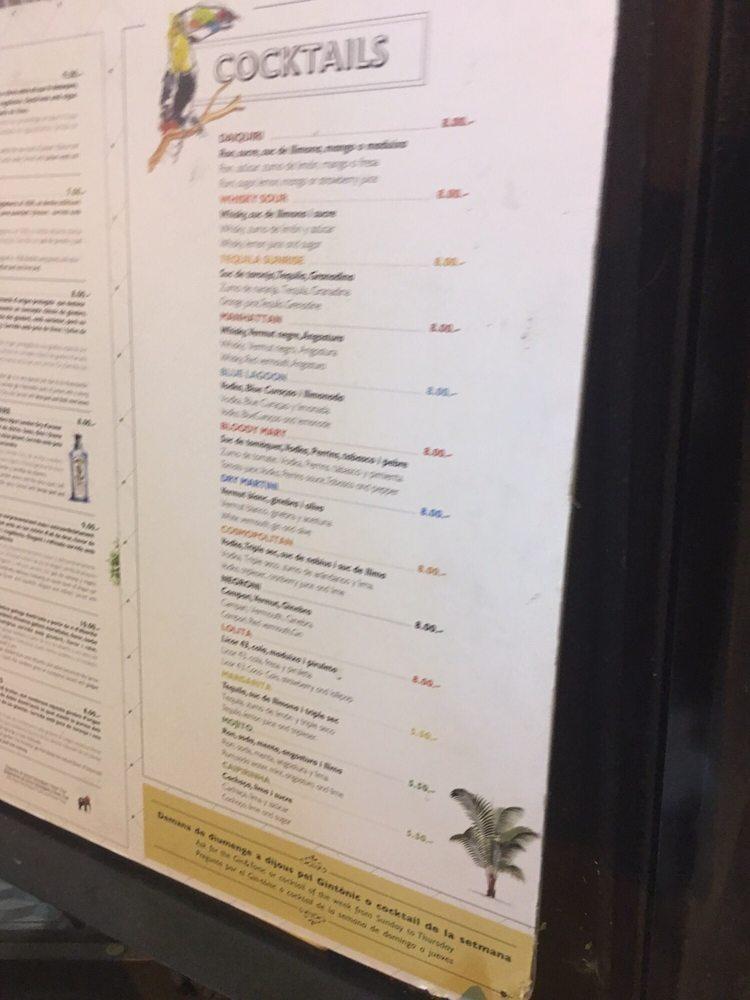 Menu at La Trini pub & bar, Barcelona