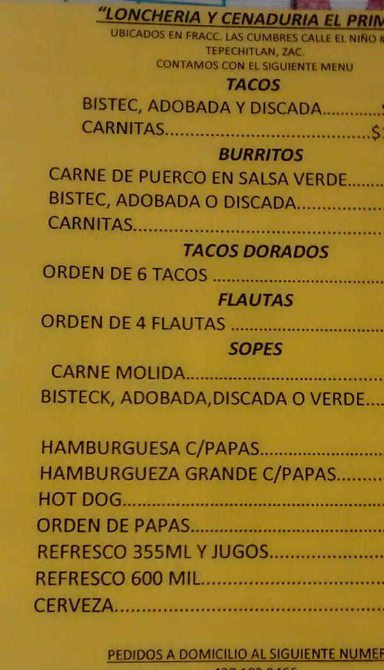 Menu at Loncheria y cenaduria el primo restaurant, Tepechitlán, DEL ...