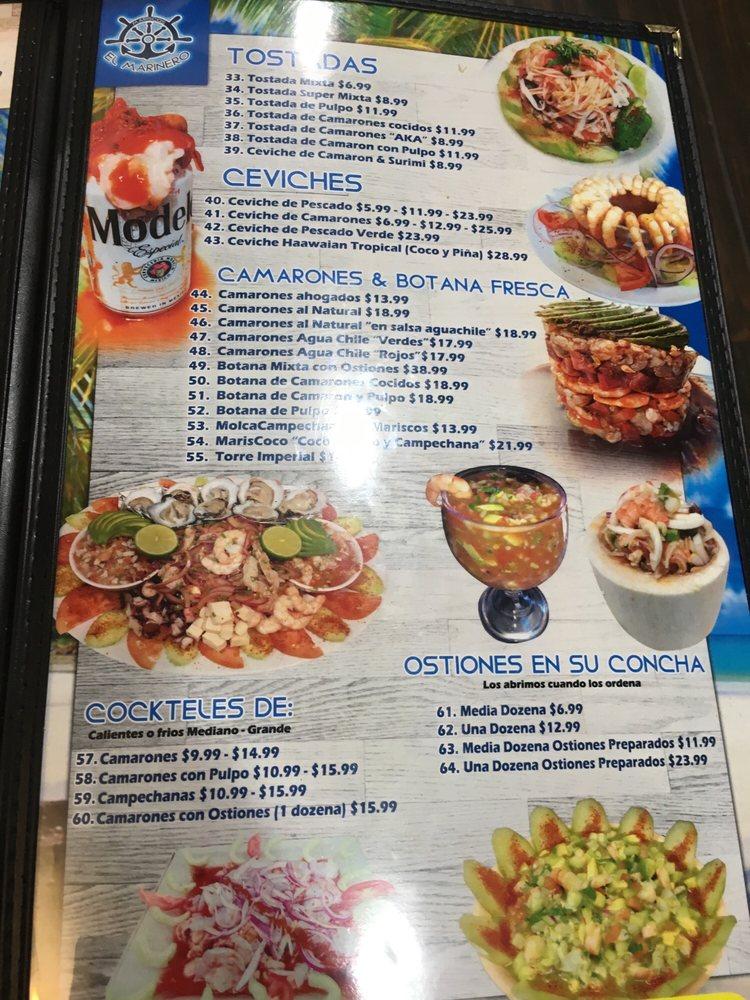 Menu at Mariscos El Marinero restaurant, San Antonio, McCullough Ave