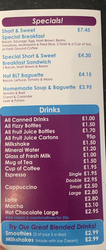 Menu at Short & Sweet Café & Coffee Shop cafe, Yateley