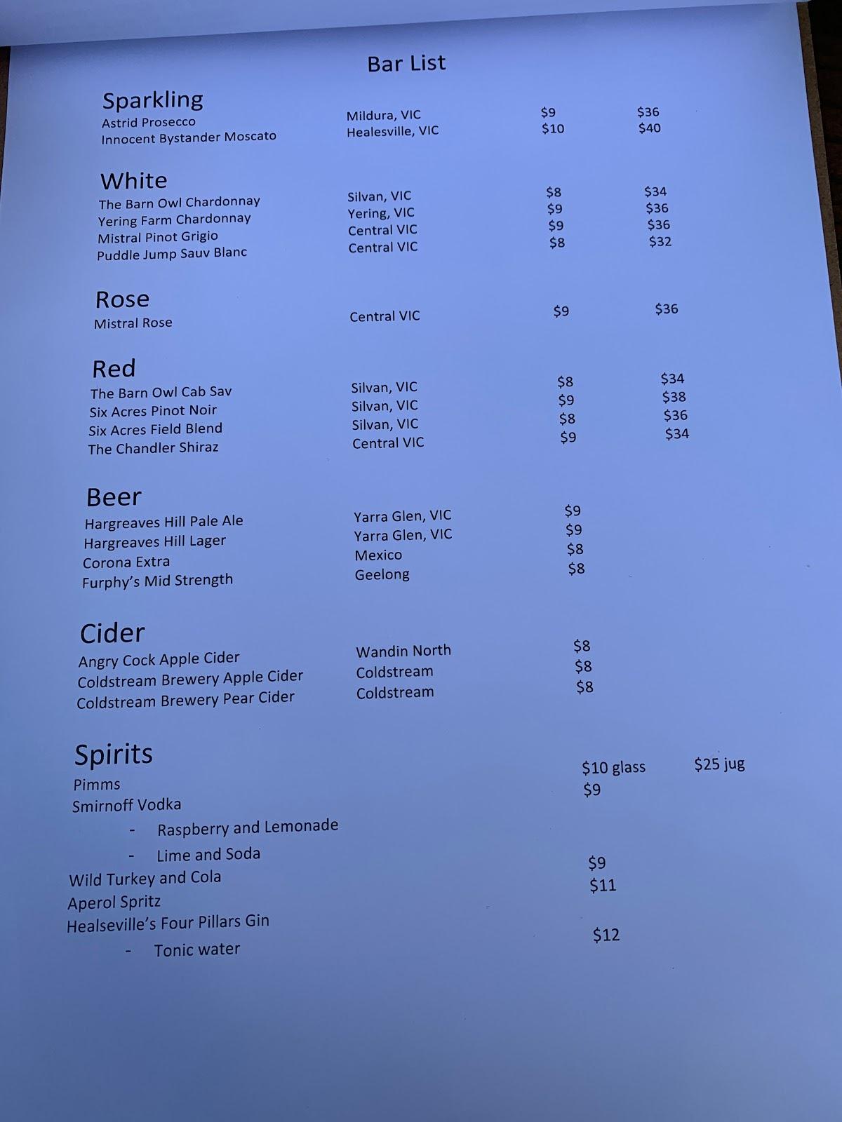 Menu at The Barn Owl Cafe, Silvan