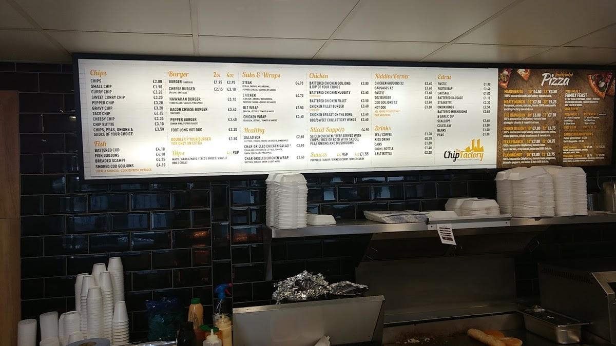 Menu at The Chip Factory fast food, Crumlin