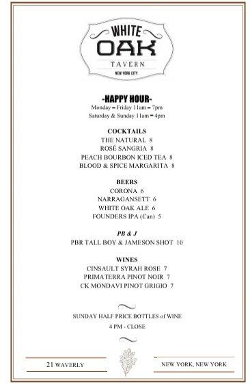 Menu at White Oak Tavern pub & bar, New York City