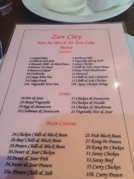 Menu at Zen City restaurant, Southend-on-Sea