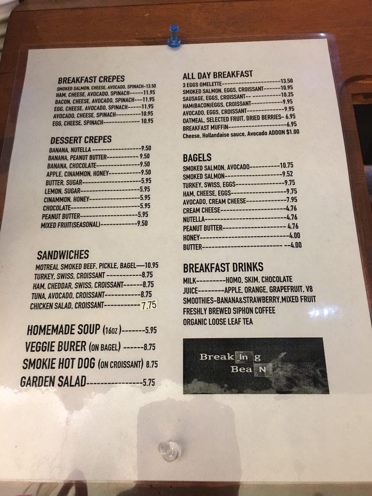 Menu at Breaking Bean cafe, Vancouver