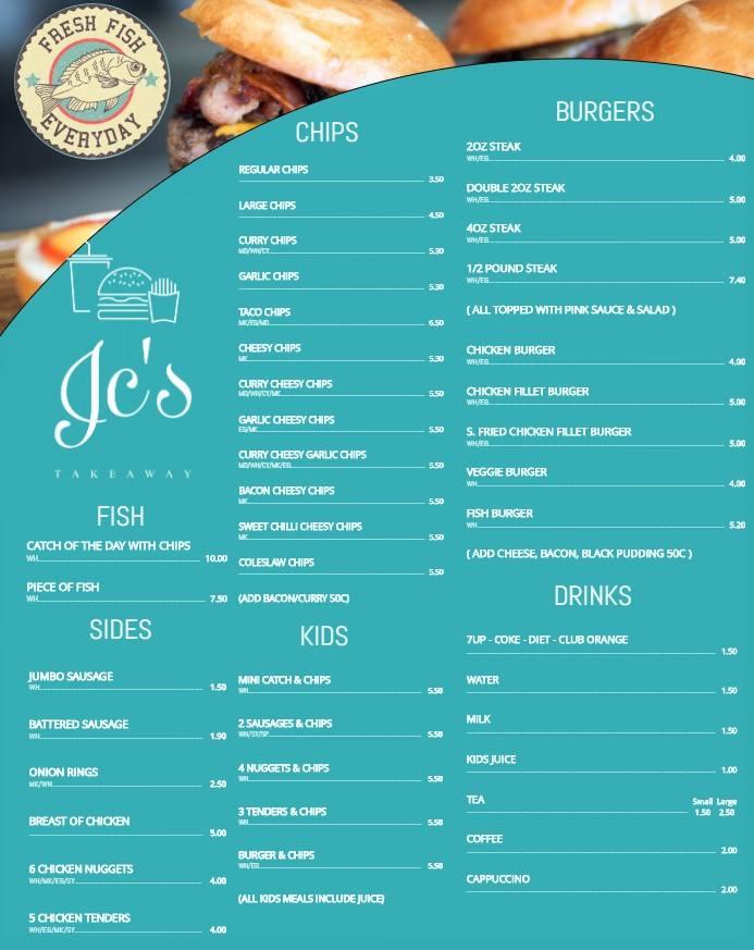 Menu at JC's Takeaway restaurant, Skibbereen