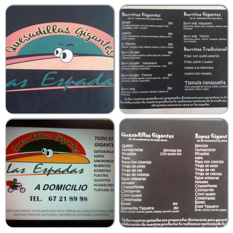 Menu at Las Espadas quesadillas gigantes restaurant, Mexico City