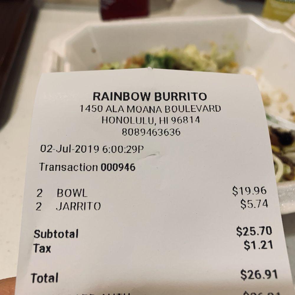 Menu at Rainbow Burrito restaurant, Honolulu