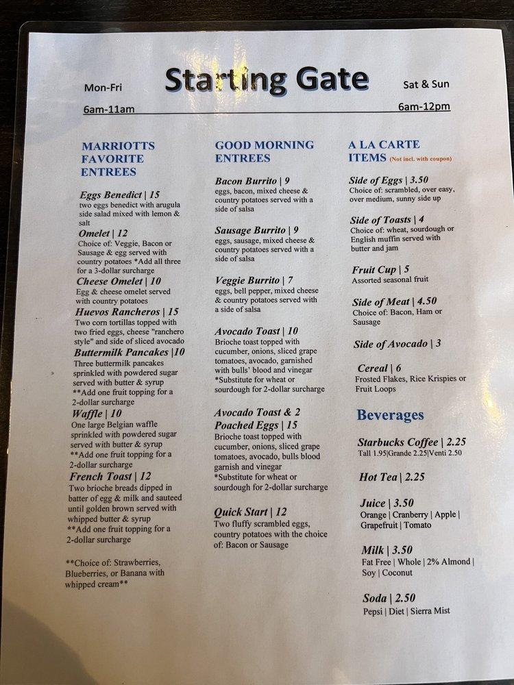 Menu at Starting Gate Restaurant, Buellton
