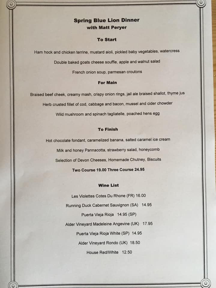 Menu at Blue Lion Inn pub & bar, Lewdown