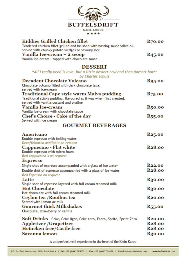 Menu at Buffelsdrift Game Lodge restaurant, Oudtshoorn