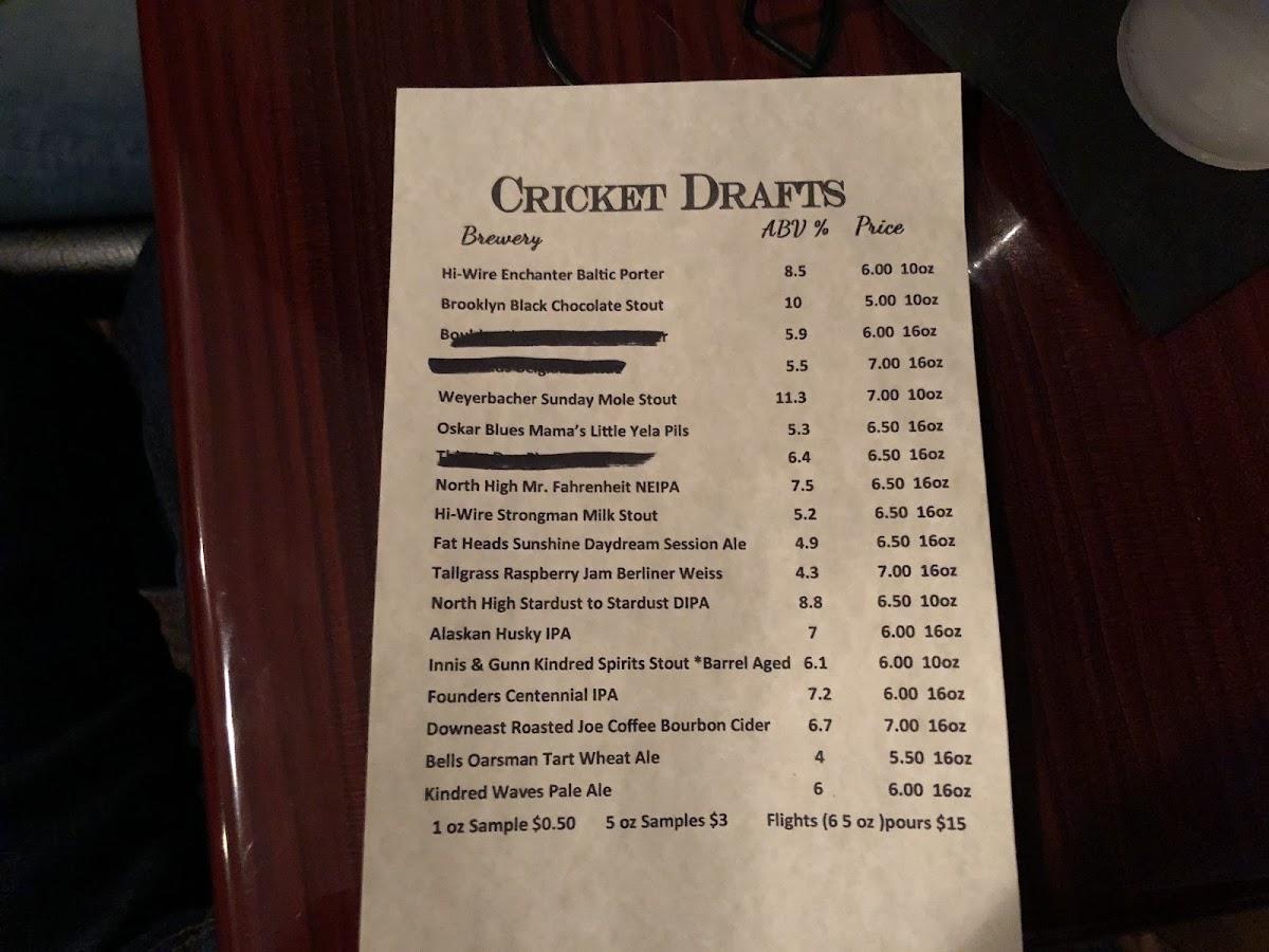 Menu at Cashmere Cricket pub & bar, Cuyahoga Falls