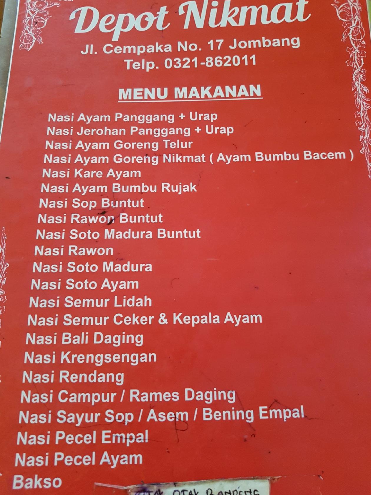 Menu at Depot Nikmat restaurant, Jombang, Jl. Cemp. No.17