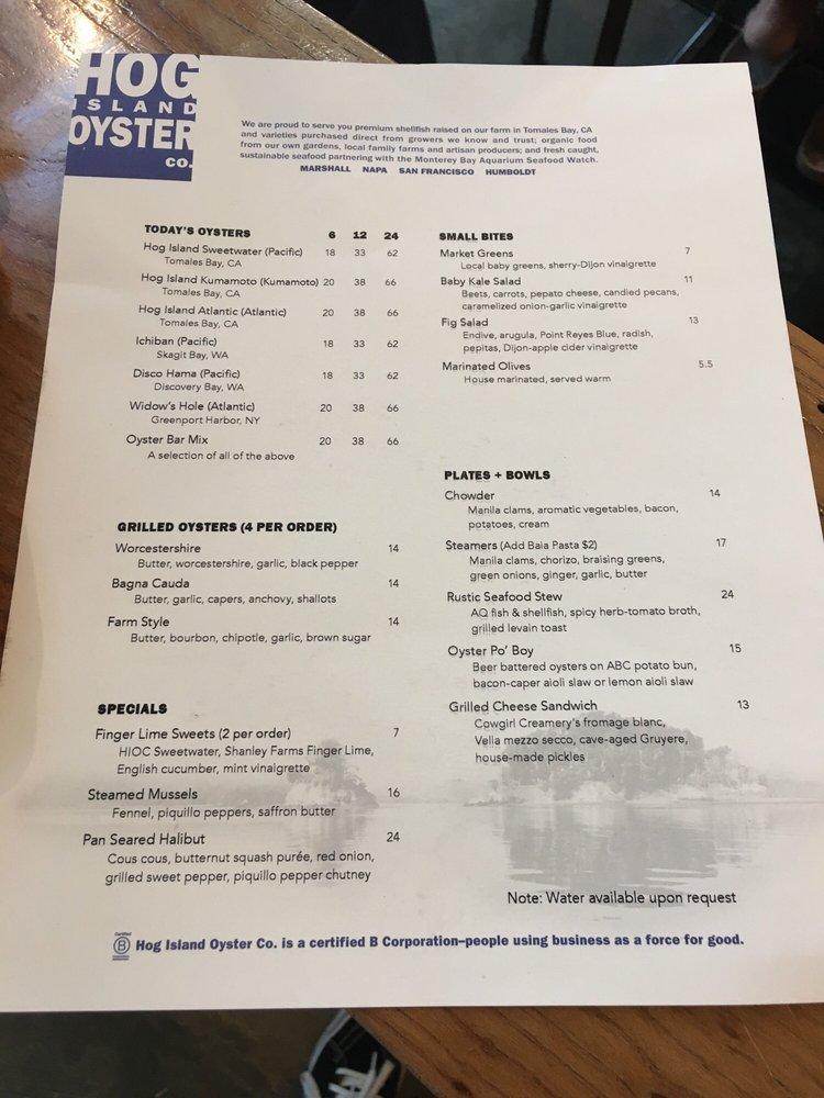 Menu at Hog Island Oyster Co restaurant, Napa