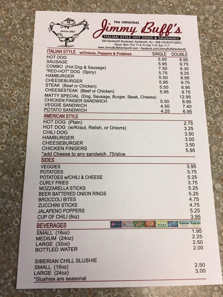 Menu at Jimmy Buff's Italian Hot Dogs restaurant, Kenilworth