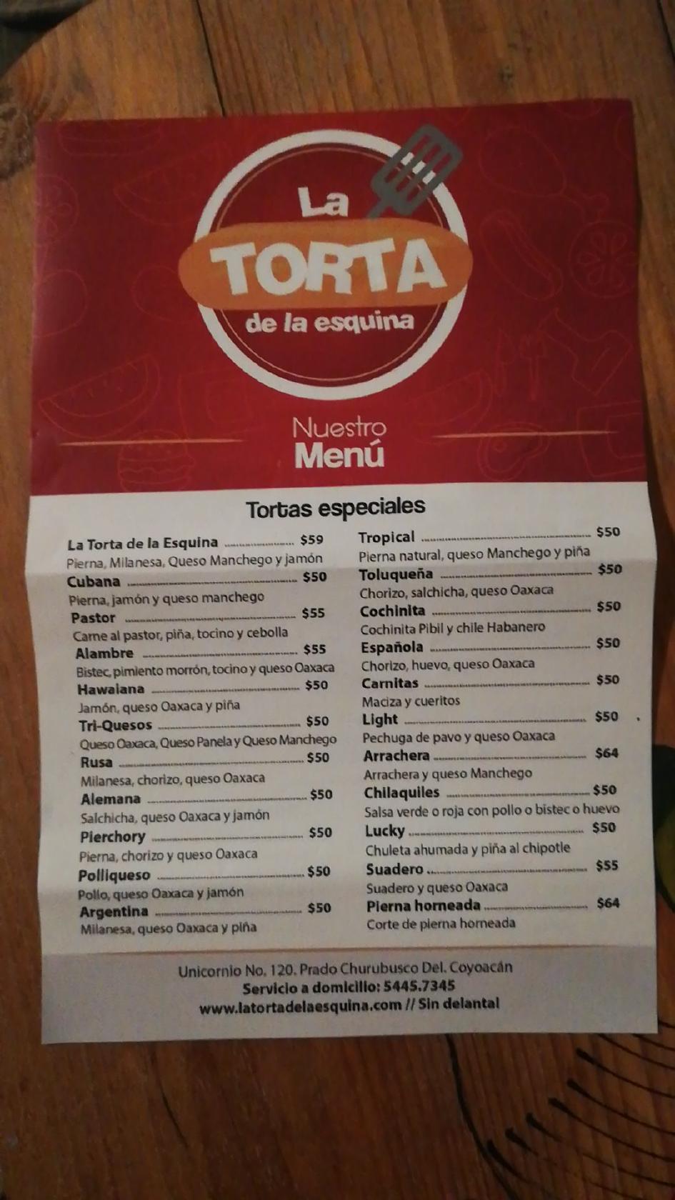Menu at La Torta restaurant, Mexico City, Unicornio 120