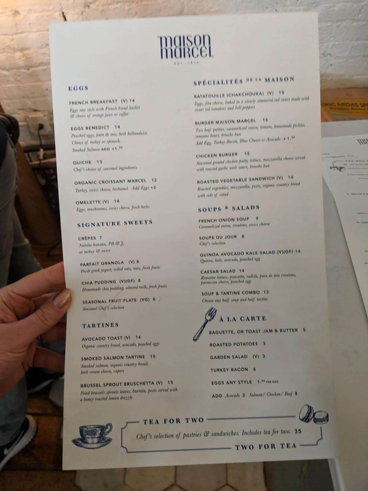 Menu at Maison Marcel cafe, Chicago, N Broadway