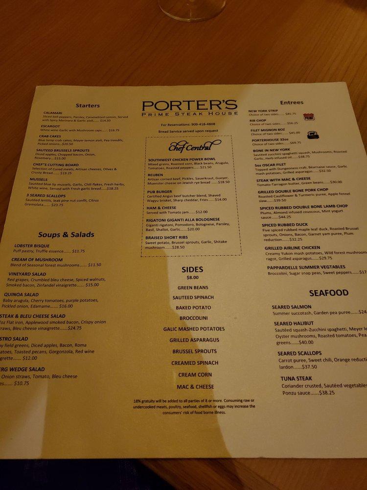 Menu at Porter's Prime Steakhouse, Ontario