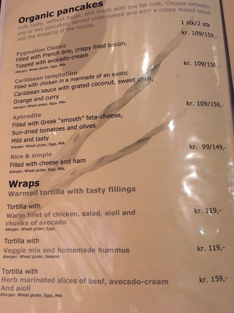 Menu at Pygmalion cafe, Bergen