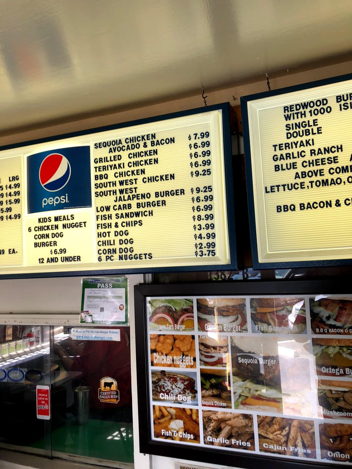 Menu at Sequoia Burger fast food, Sebastopol