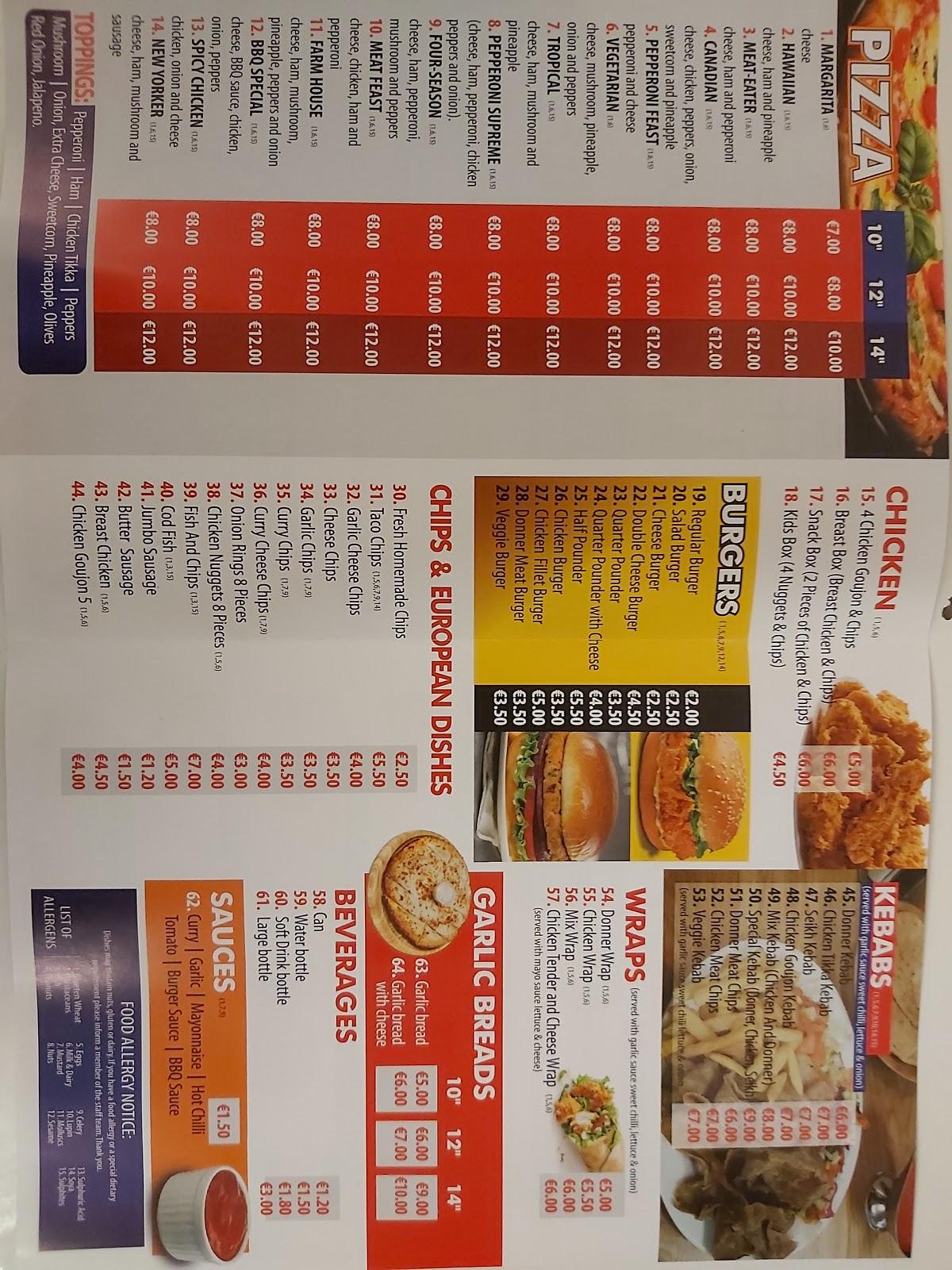 Menu at Fethard takeaway, Ireland, John's Hill House