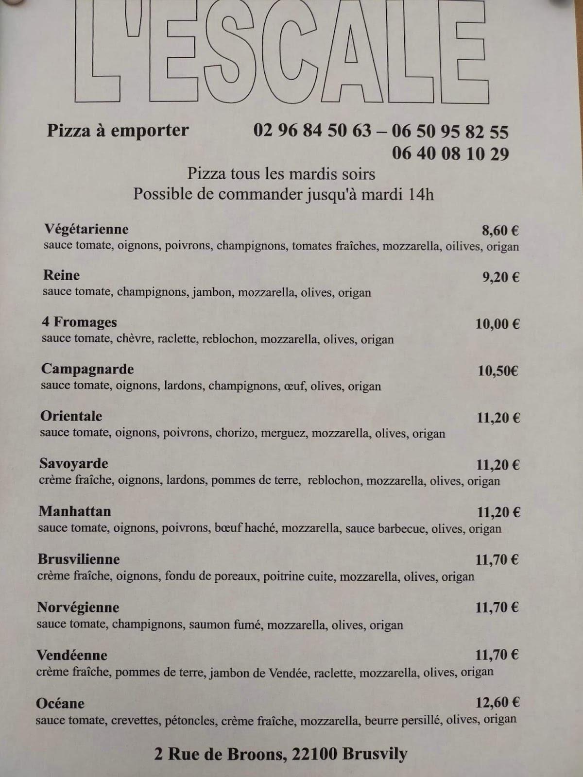 Menu au L'escale restaurant, Brusvily