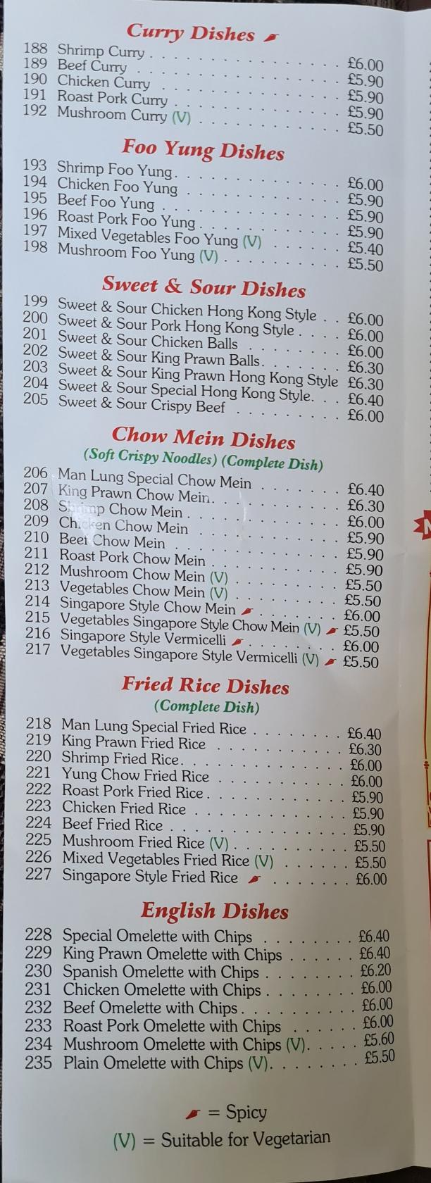 Menu at Man Lung restaurant, Bury