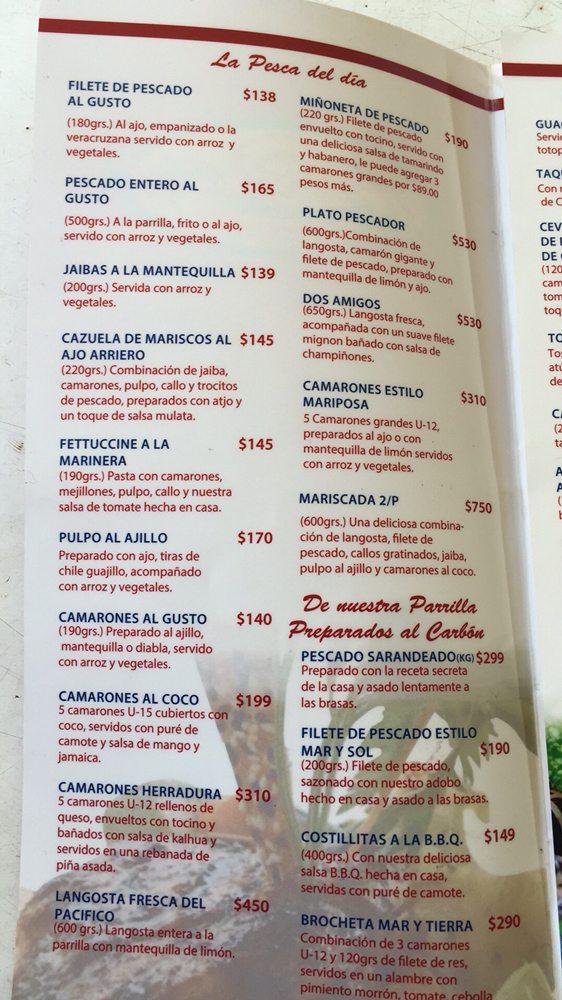 Menu at Mar y Sol restaurant, Bucerías