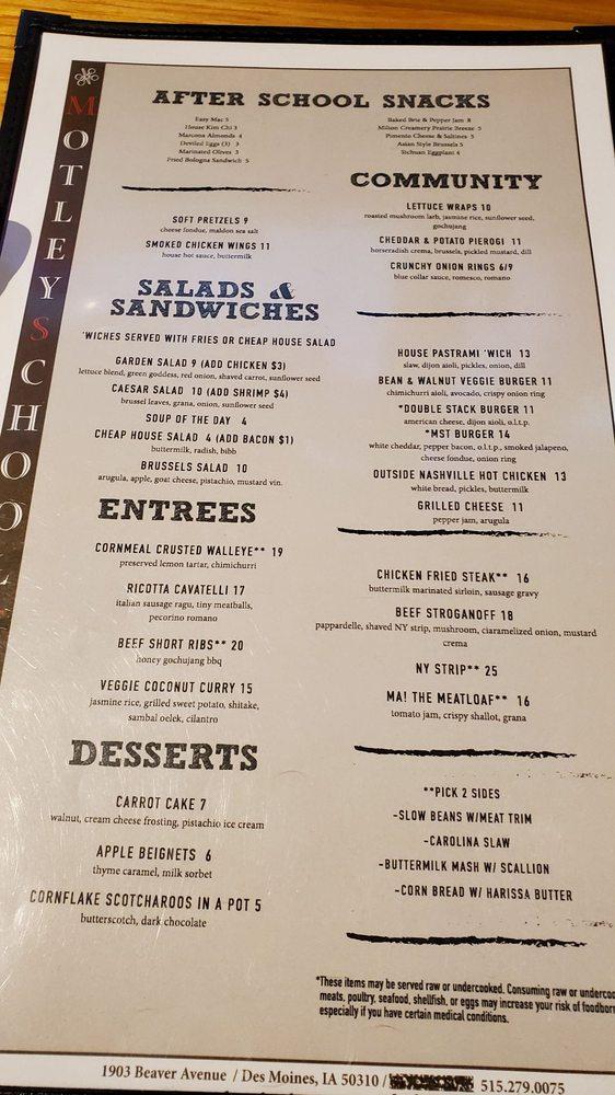 Menu at Motley School Tavern restaurant, Des Moines