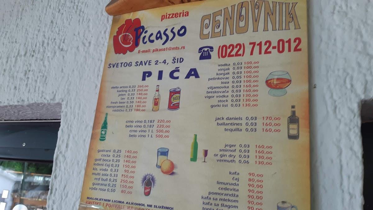 Menu at Picasso restaurant, Šid, Državni put IIA reda 120
