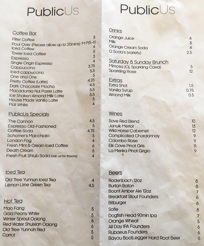 Menu at PublicUs, Las Vegas