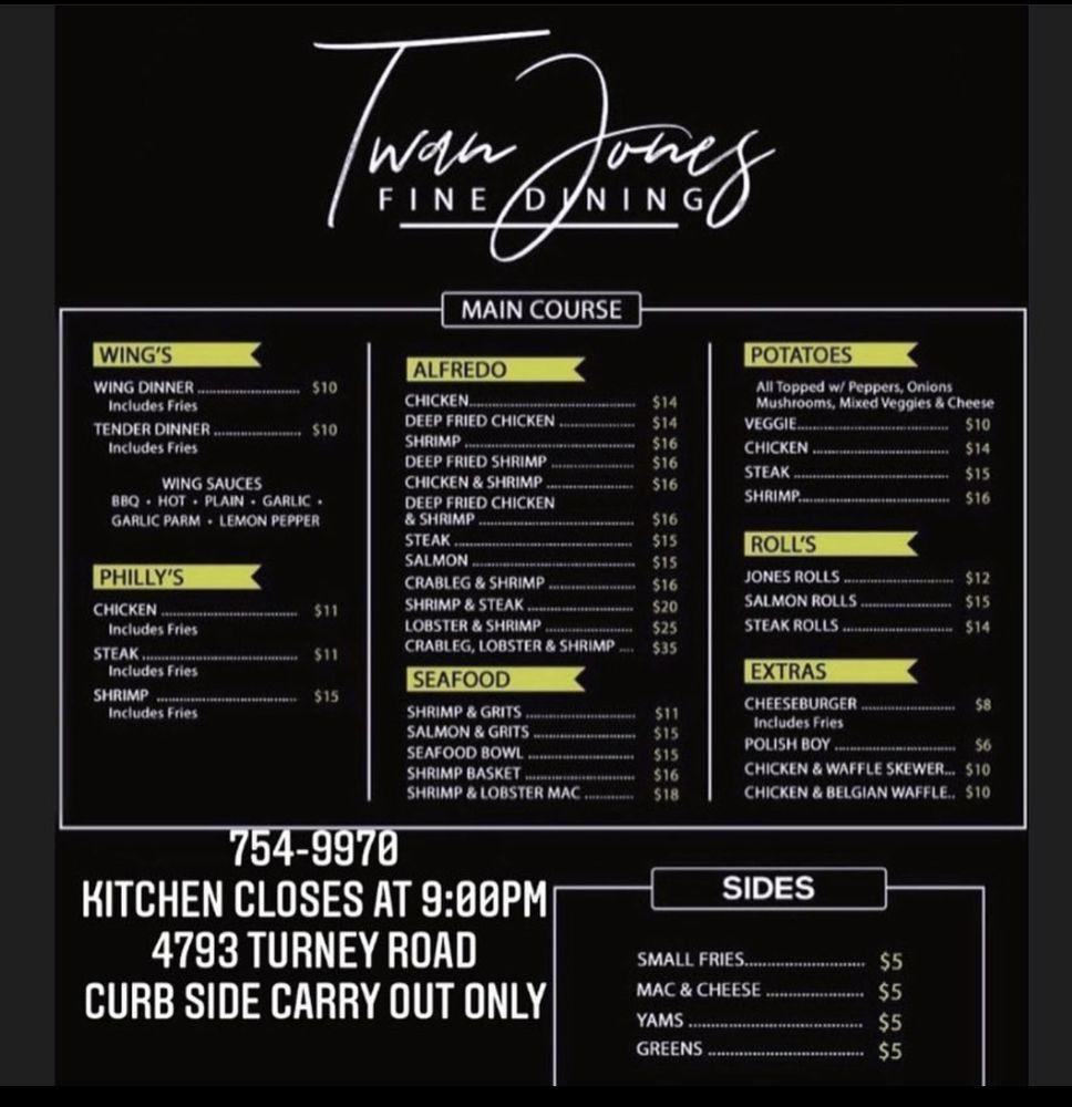 Menu at Twan Jones Fine Dining pizzeria, Garfield Heights, Turney Rd