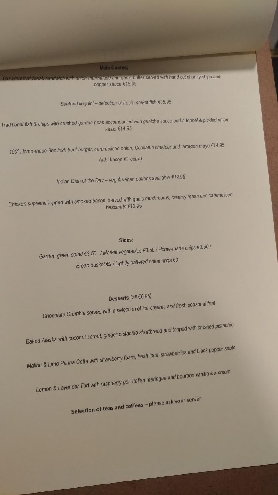 Menu at 100° One Hundred Degrees restaurant, Gorey